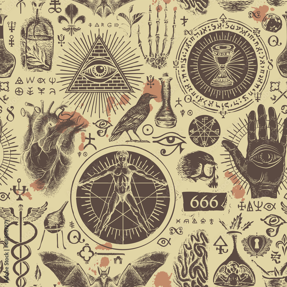 Abstract hand-drawn seamless pattern on a theme of occultism, satanism ...
