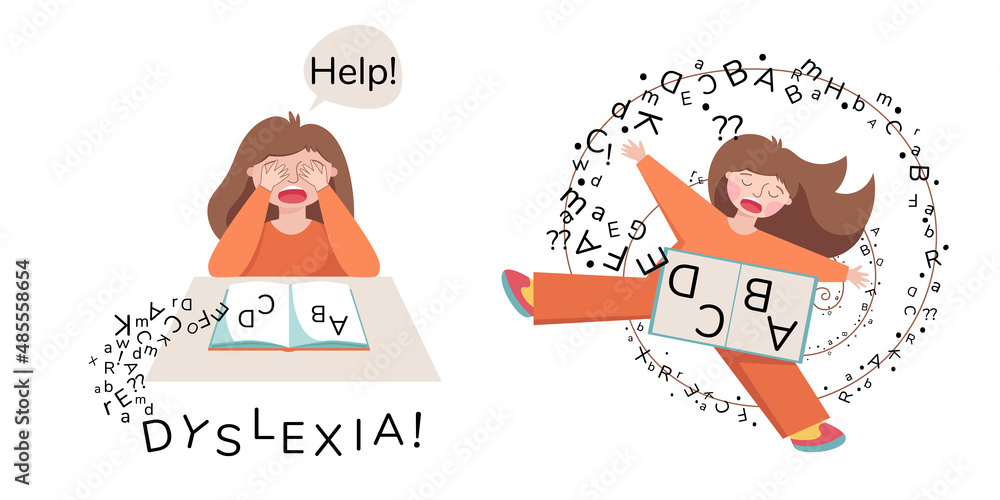 Dyslexia concept. Child suffering with dyslexia is having difficulty in ...
