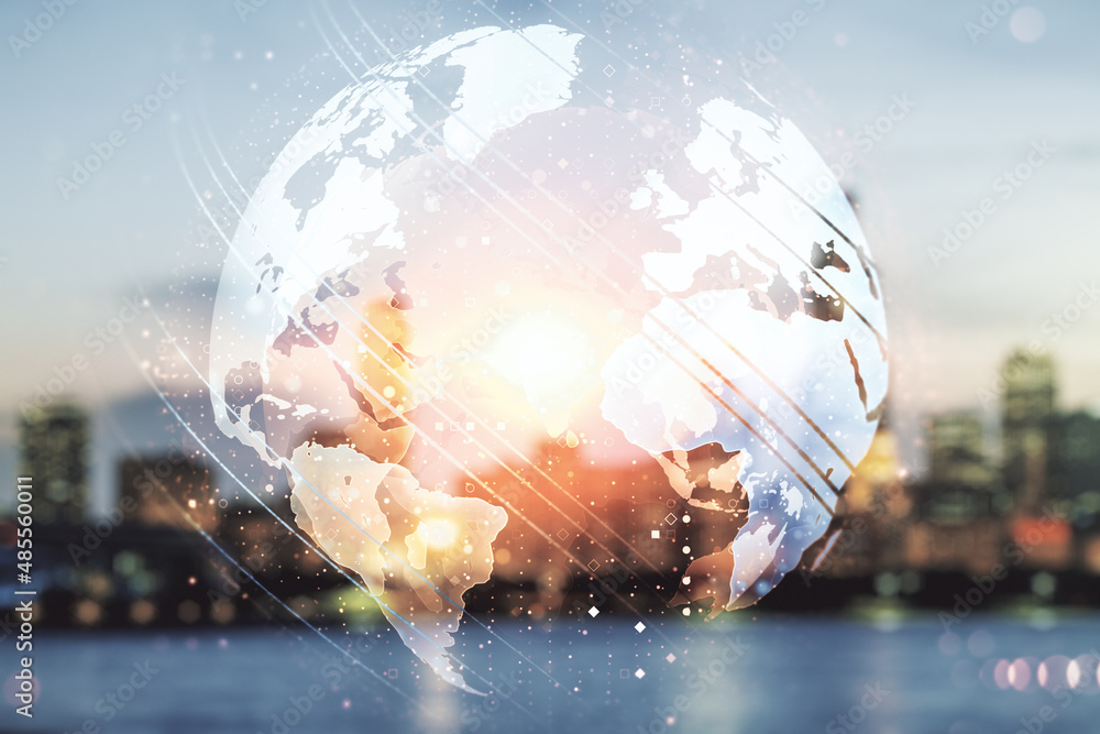 Abstract creative digital world map on blurry skyscrapers background ...