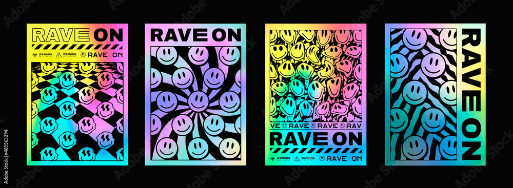 Set Of Cool Trendy Acid Rave Posters. Abstract trippy psychedelic smile ...