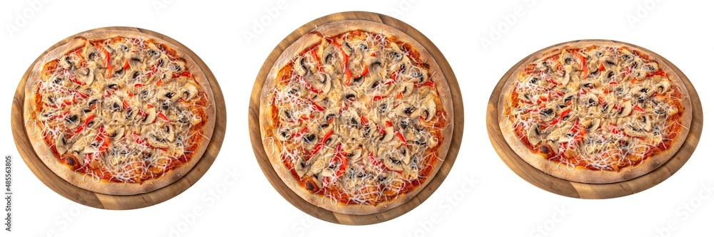 Classic italian pizza from different angles on a round wooden board ...
