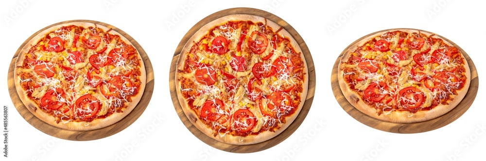 Classic italian pizza from different angles on a round wooden board ...