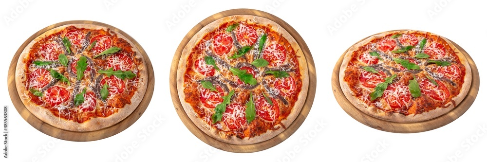 Classic italian pizza from different angles on a round wooden board ...