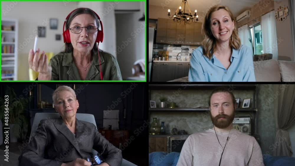 Conference call on screens people talking and smiling, sitting in home ...