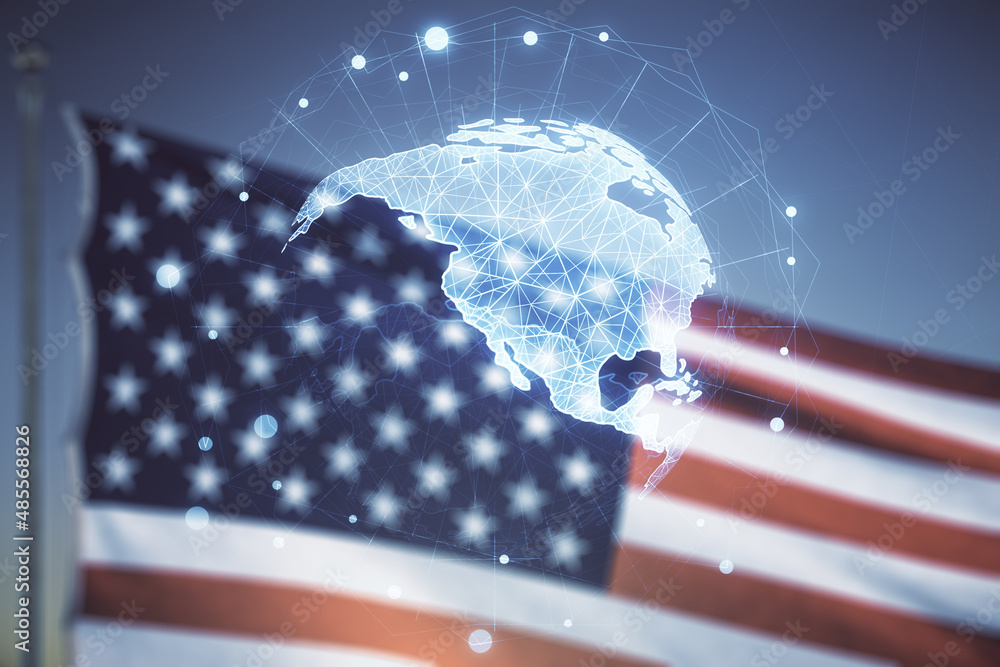 Virtual digital map of North America on USA flag and sunset sky ...