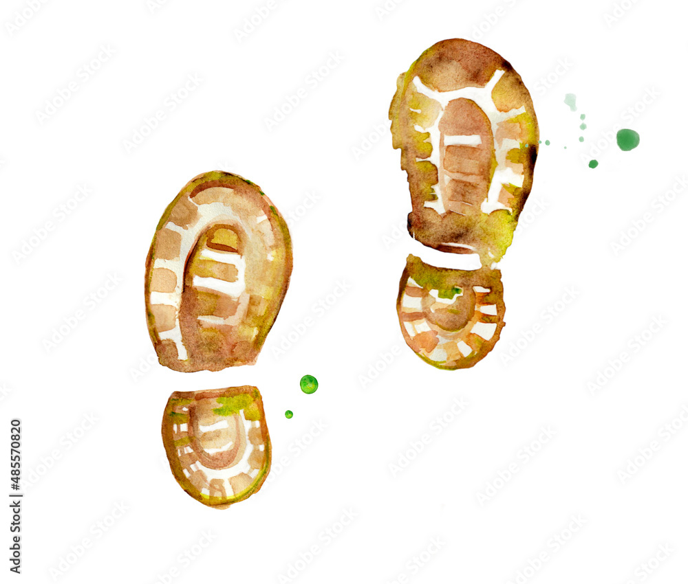 Watercolor mountain hiking illustration with brown and green footprints ...