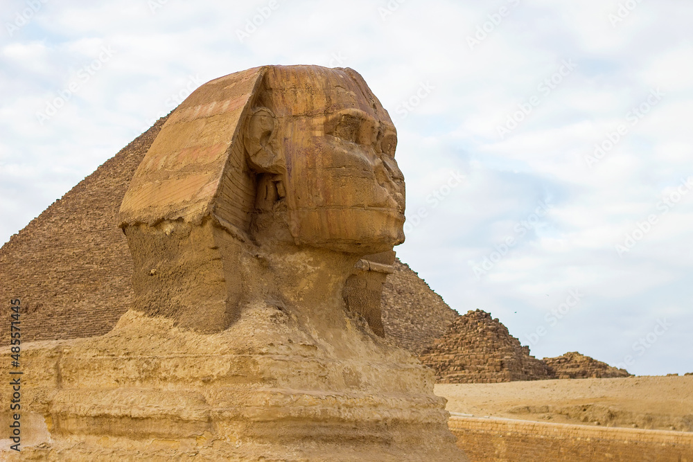 Closeup photo of Sphinx, ancient Egyptian limestone statue of a ...