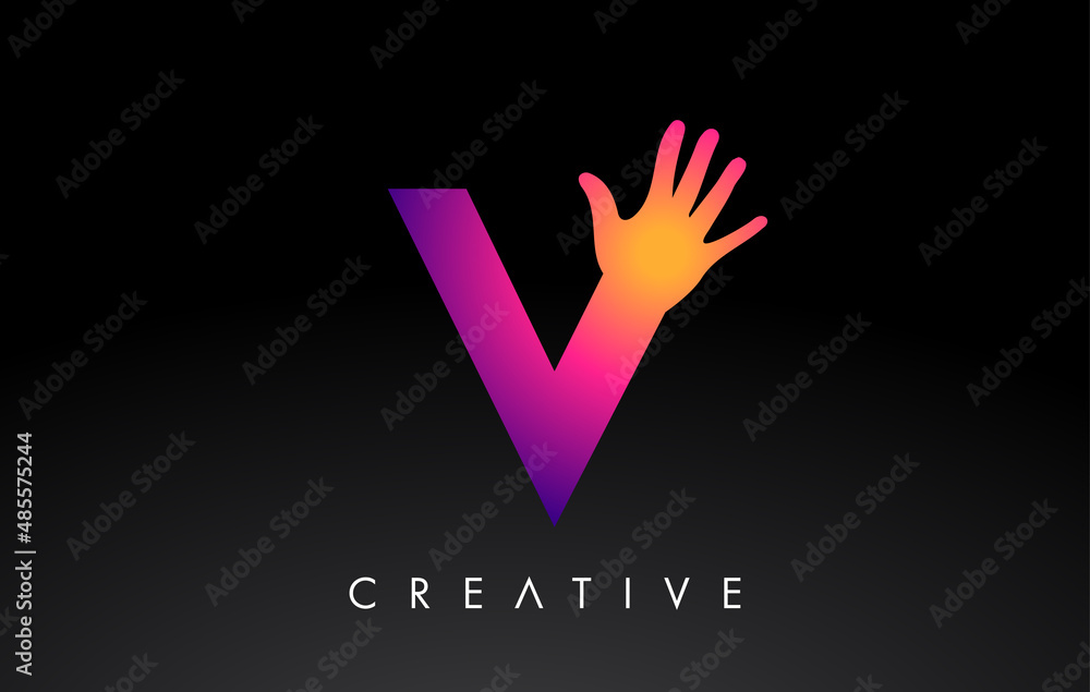 Purple Letter V Logo with Hand Silhouette Vector Icon Illustration ...