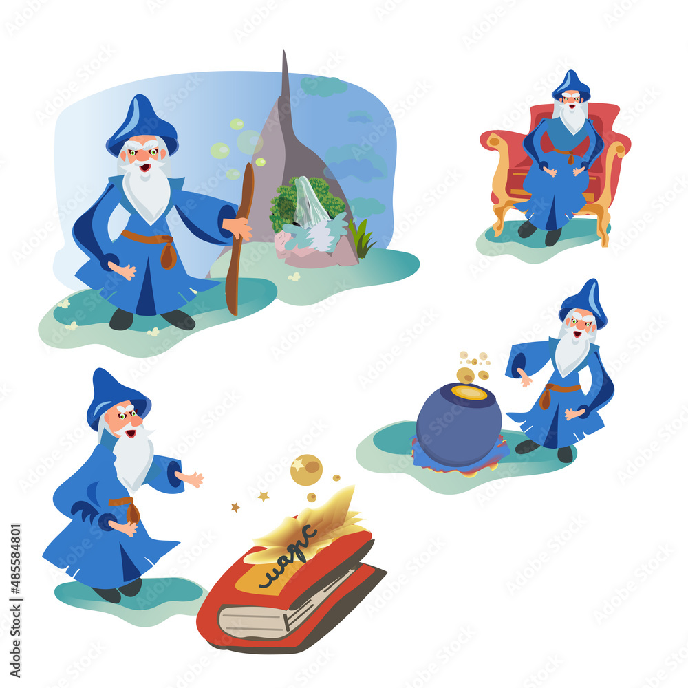 Cartoon wizard. Magician old characters with beard wear long robes and ...