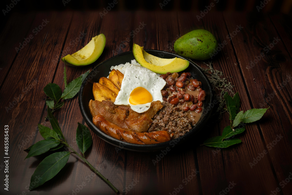 Bandeja paisa, typical Colombian food, from antioquia, with beans, eggs ...