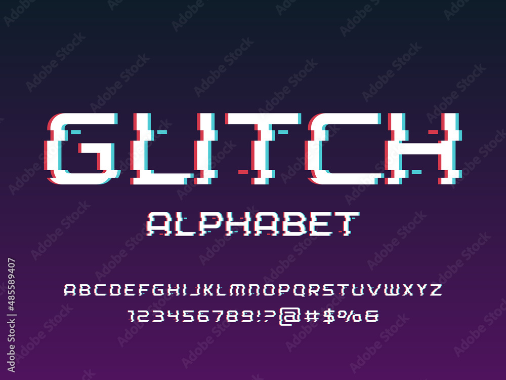 Vector glitch display font design with uppercase, numbers and symbol ...