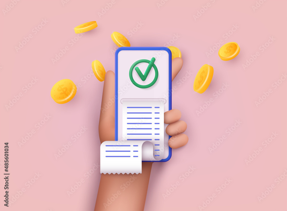 Hand hold smartphone with paper check. Payment Aproved, Online Card ...