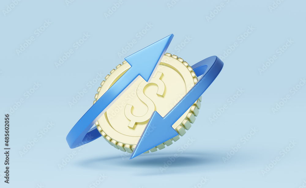 Arrow that circle gold coin floating on blue background. Mobile banking ...