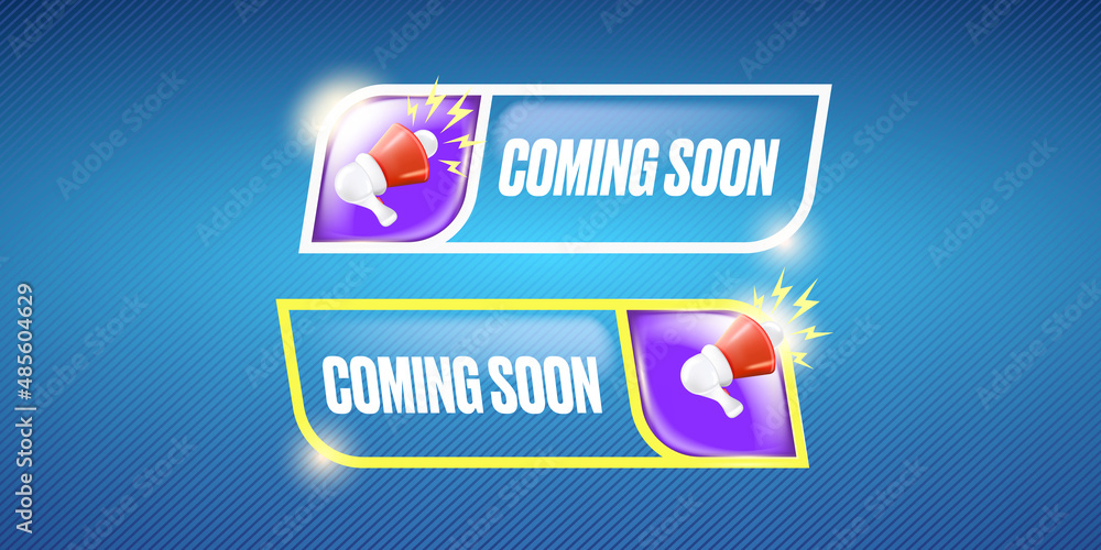 Coming soon horizontal banner with megaphone and button on blue modern ...