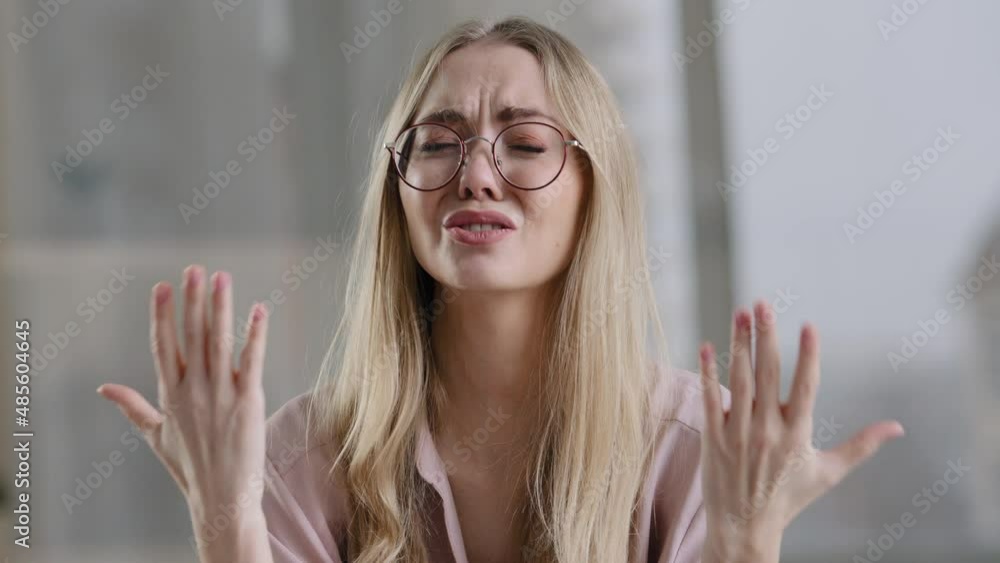 Portrait frustrated stressed business woman caucasian girl blond ...
