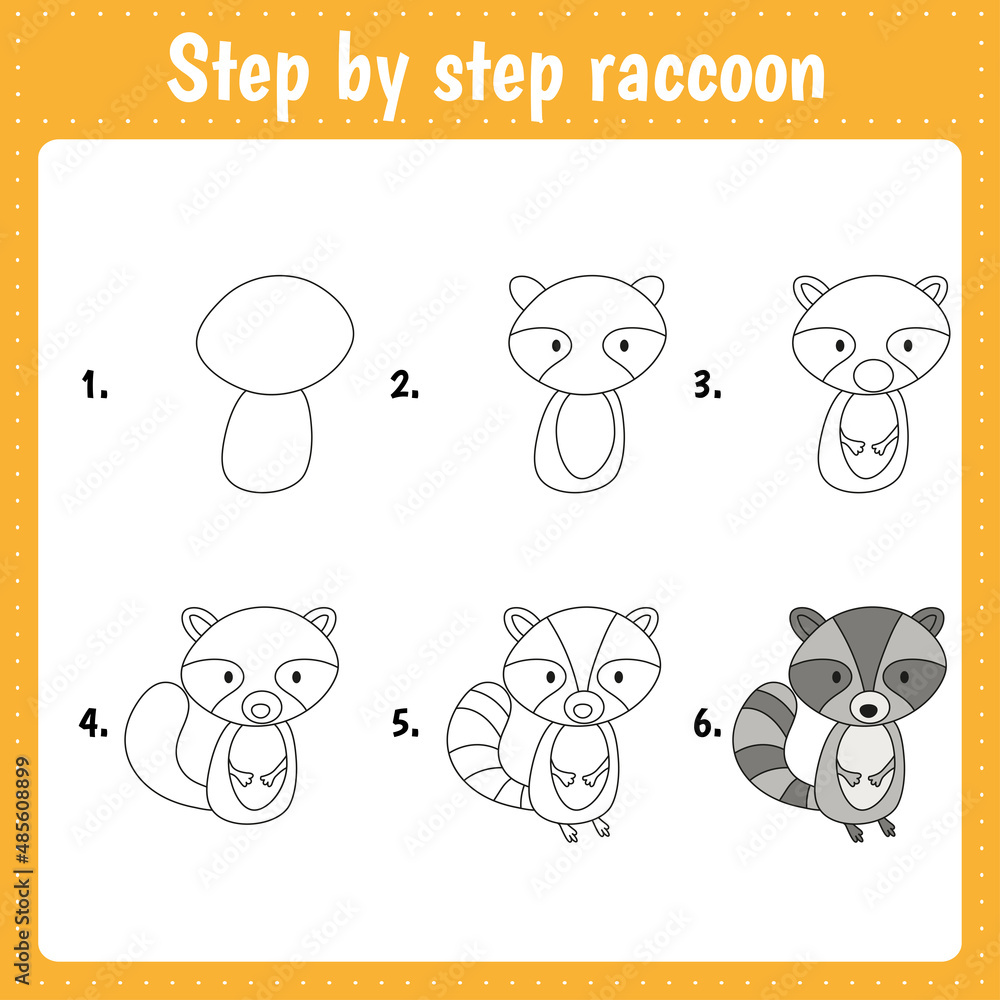 Drawing lesson for children. How draw a raccoon. Drawing tutorial. Step ...