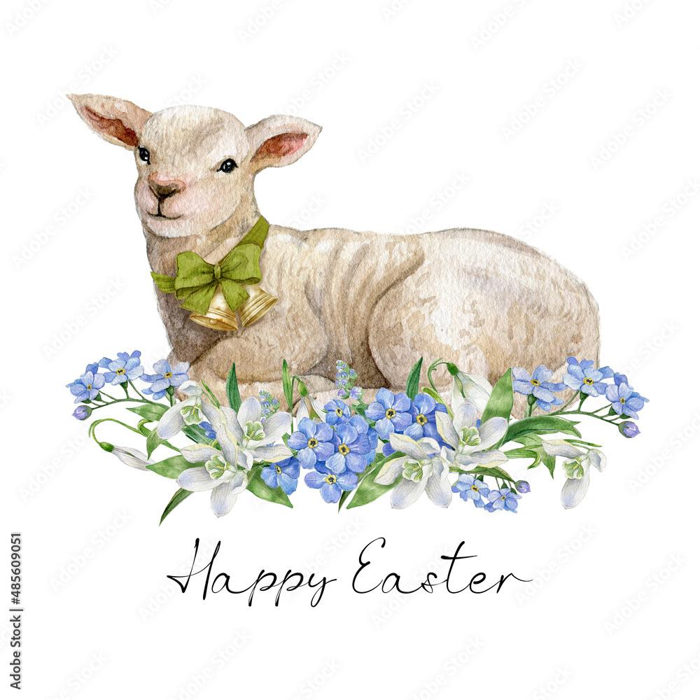 Watercolor cute lamb in blue flower wreath, white sheep illustration ...