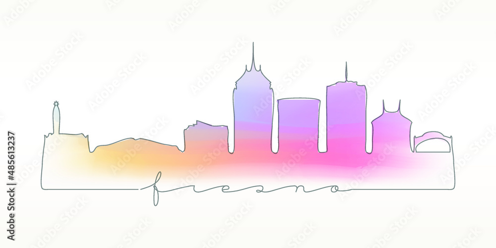 Fresno, CA, USA Skyline Watercolor City Illustration. Famous Buildings ...