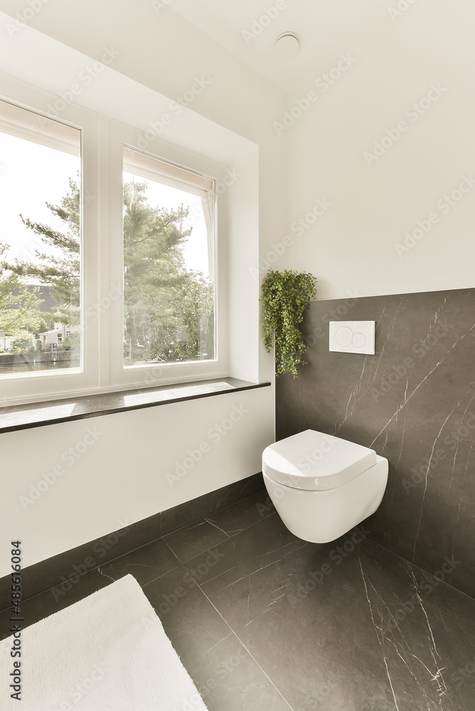 Interior of bathroom with toilet near window Stock Photo | Adobe Stock
