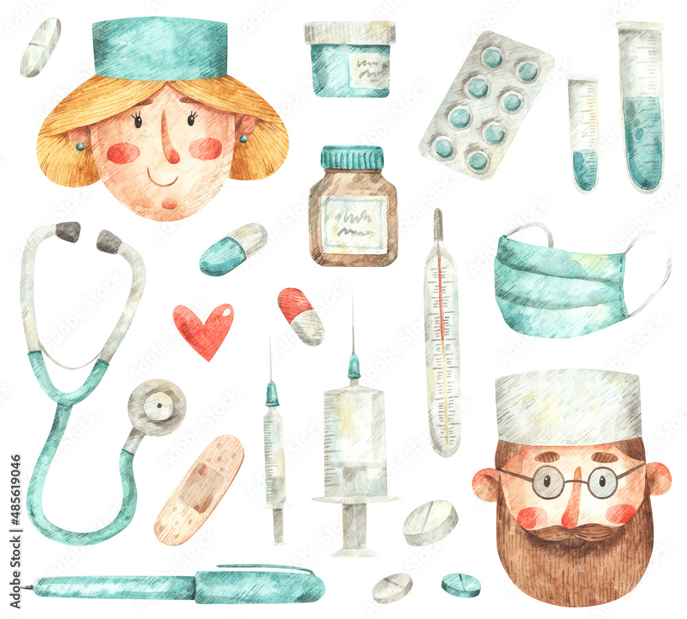 Watercolor collection of medical items and two doctors. Hand-drawn set ...