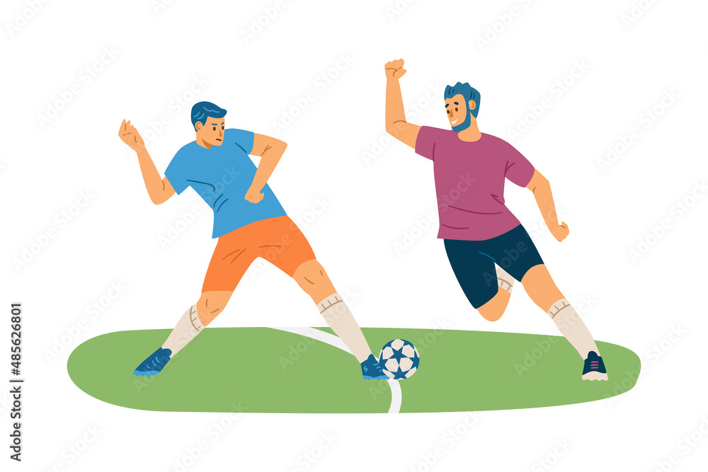 Two football players compete during soccer game, flat vector ...