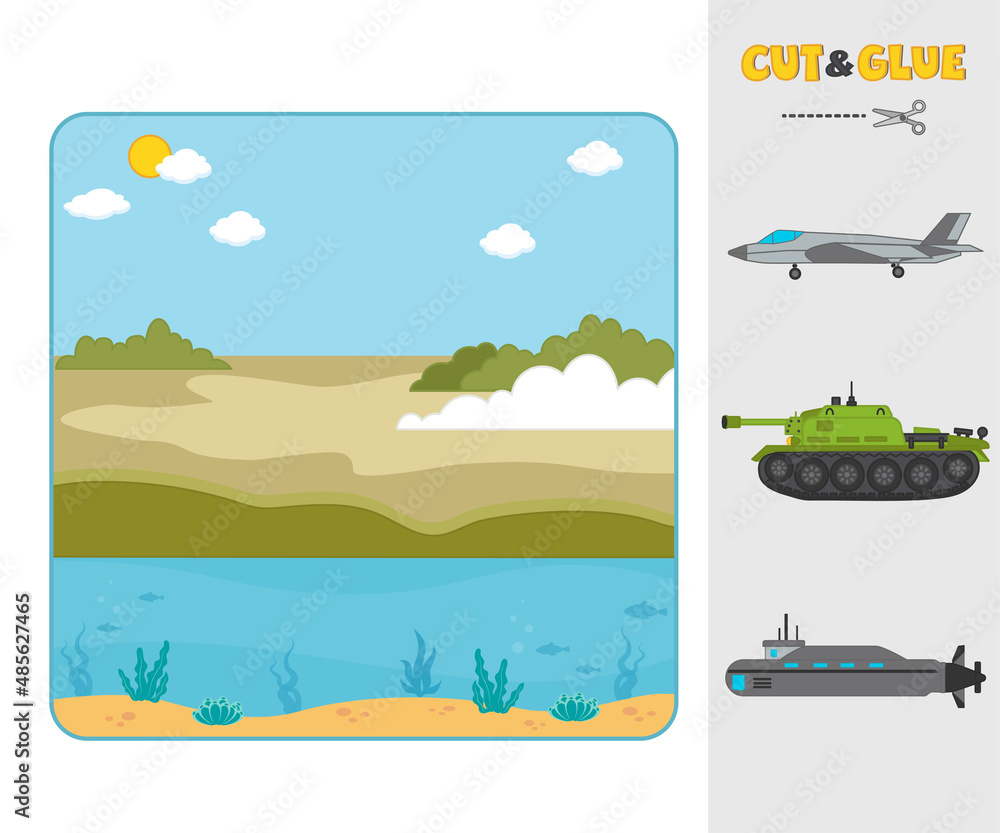Game for children. Cut and paste. Match the transport going, floating ...