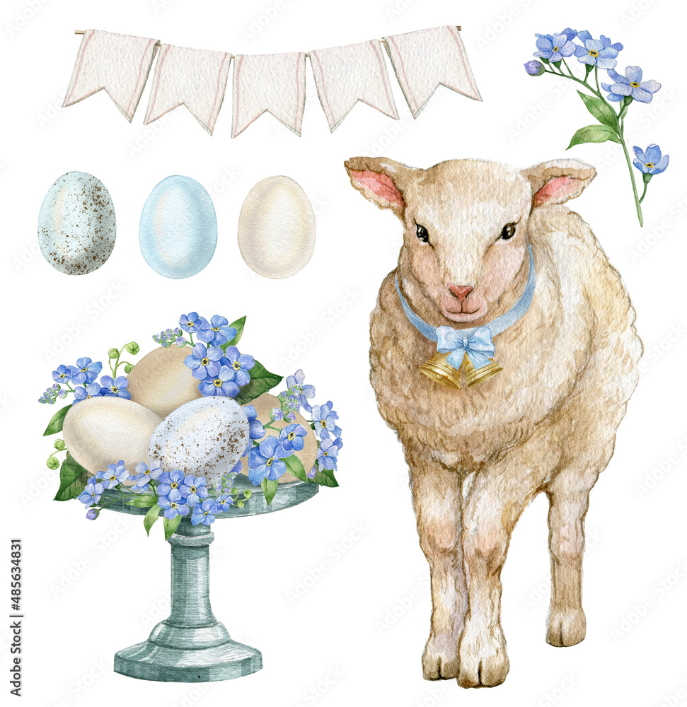 Watercolor easter elements collection.Eggs and blue flowers, white lamb, vase. Spring easter ...