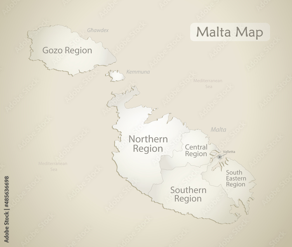 Malta map, Current regions with names, old paper background vector ...