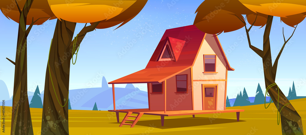 Cottage in autumn forest landscape, wooden house on stilts on yellow ...