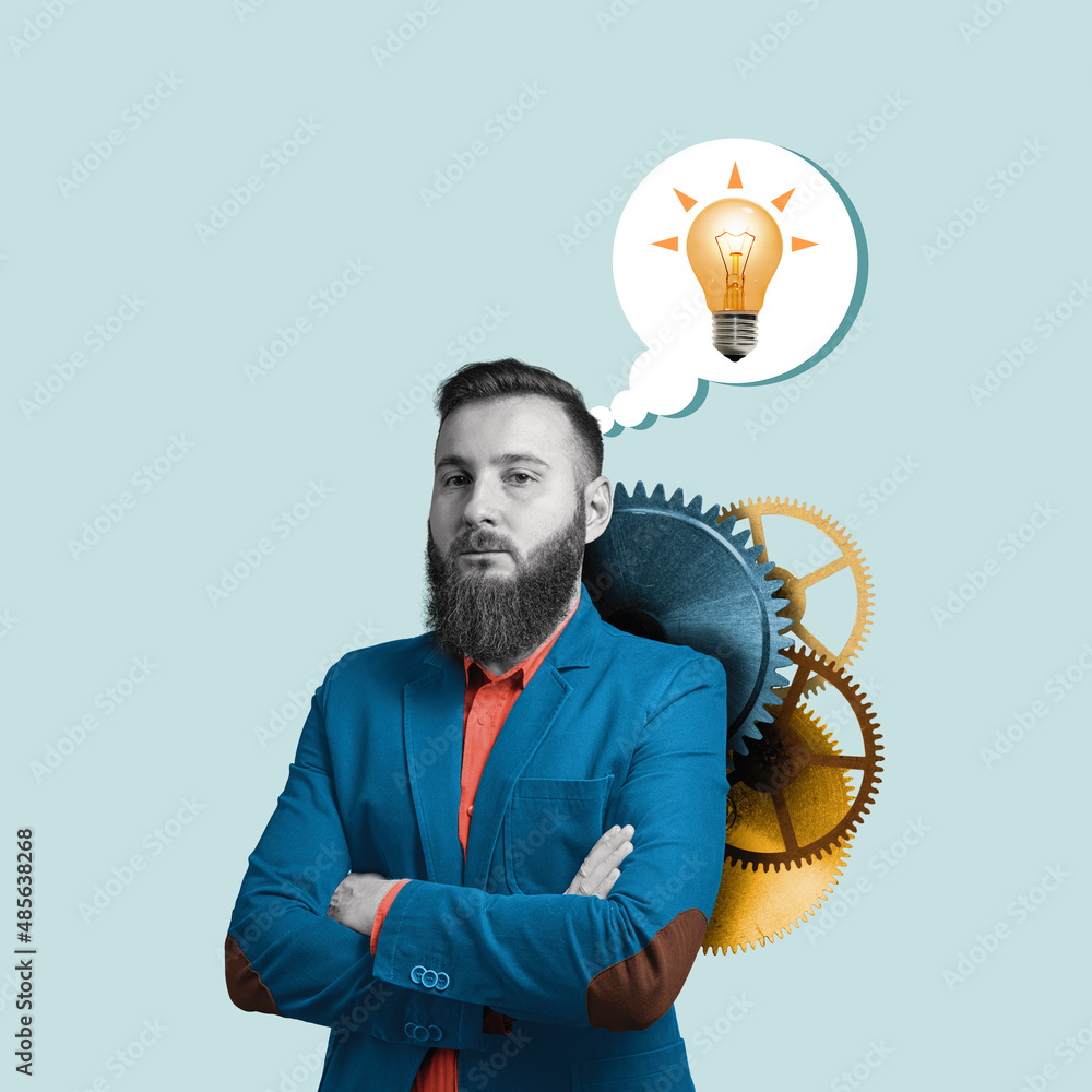 Art collage with an inventor and his new idea. Concept Stock Photo ...