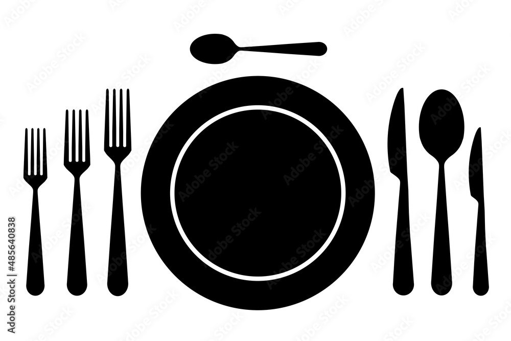 Plate and big set of silverware, symbol for multi course menu or noble ...