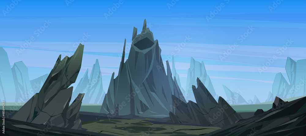 Mountain landscape with dormant volcano. Vector cartoon illustration of ...