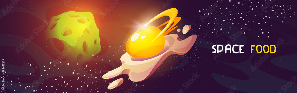 Space food poster with fried egg and piece of cheese in cosmos. Vector ...