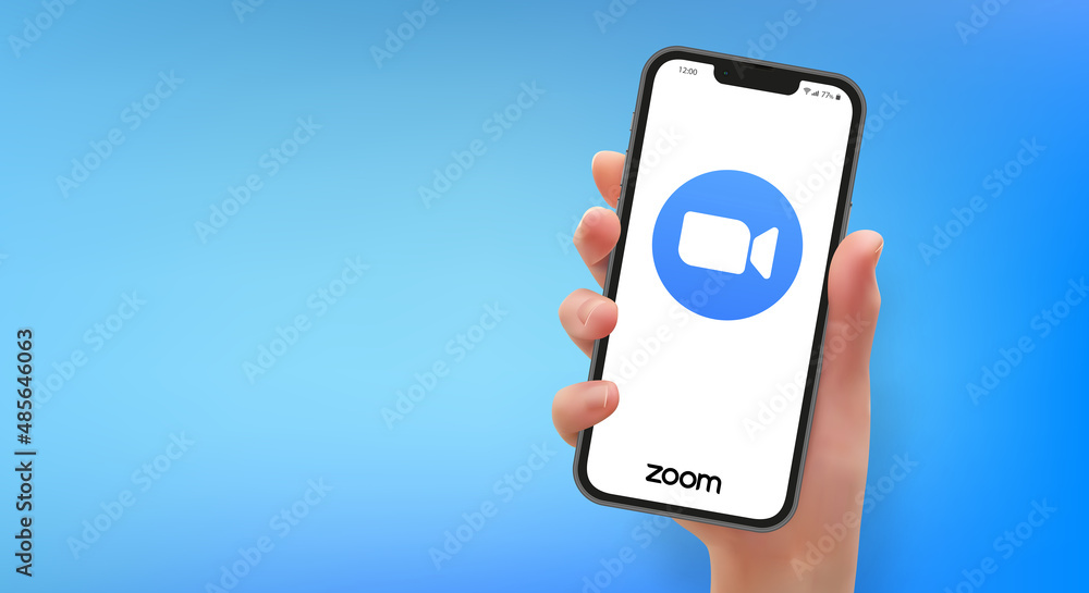 Woman hand holding the smartphone with logo app Zoom, vector editorial ...