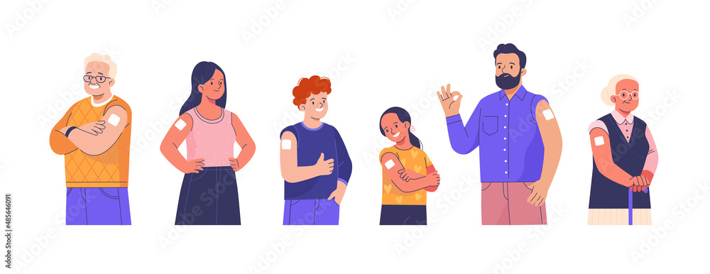 COVID-19 Vaccinated Family. Vector cartoon illustration of a group of ...