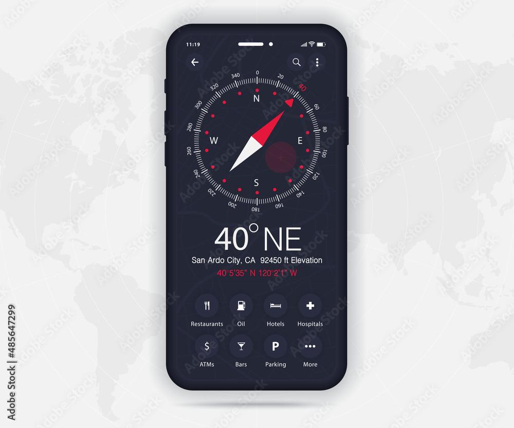 Compass app UI UX GUI concept, Map GPS app on screen smartphone navigation, Phone interface ...