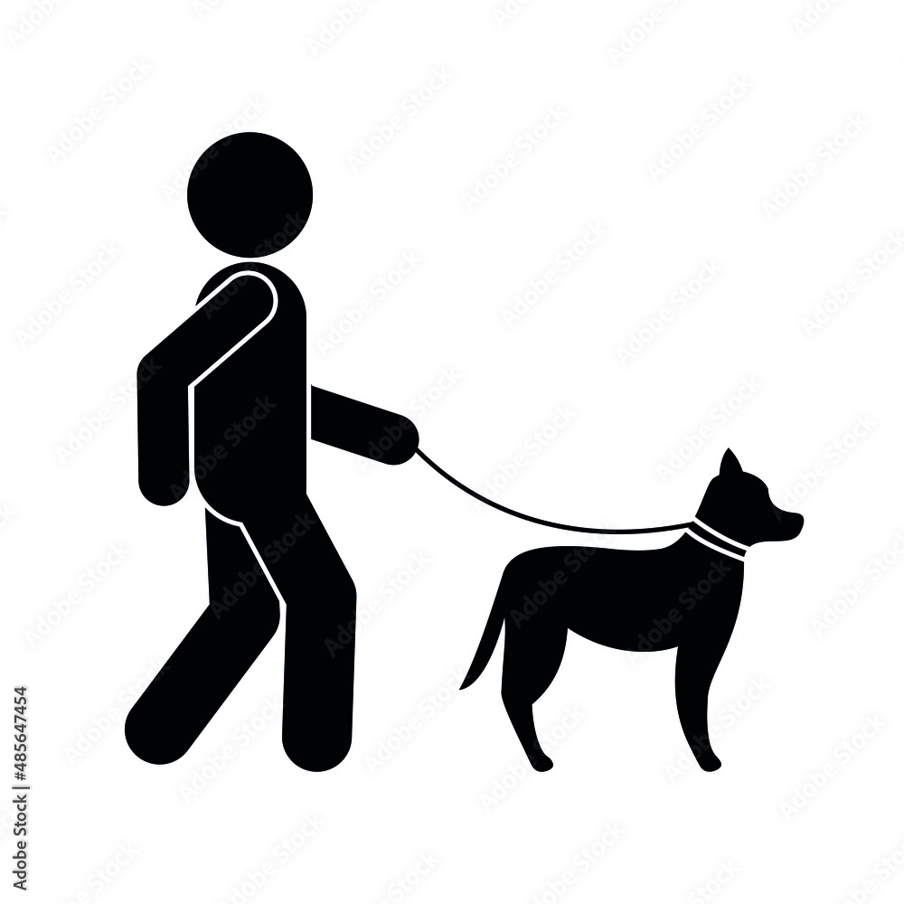 dog walking icon, man leads a pet on a leash, stick figure, isolated ...