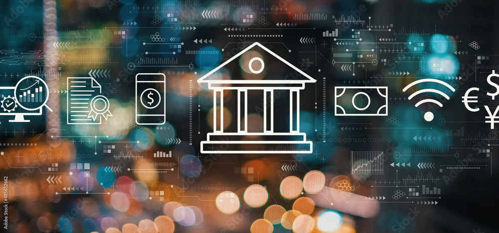 Online banking concept with blurred city abstract lights background ...