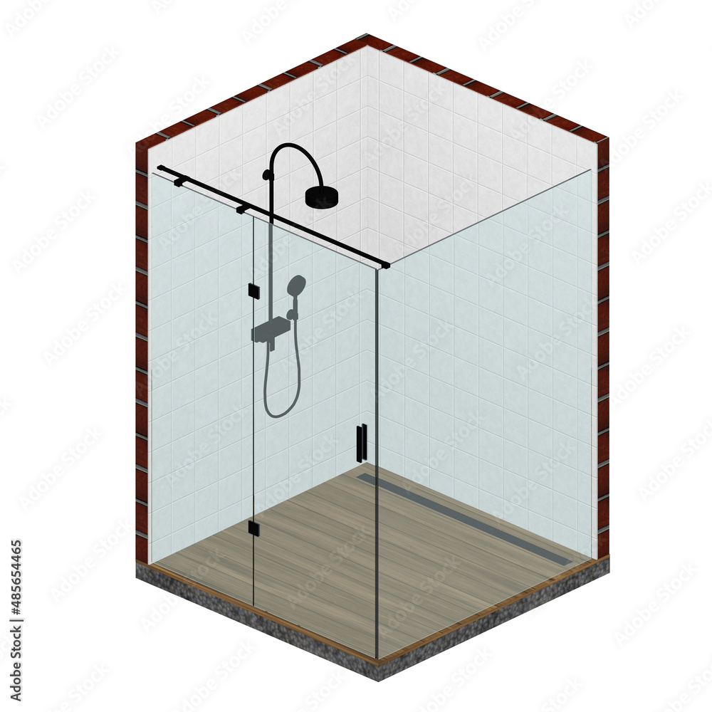Schematic representation of a shower cabin. 3D shower screen. Shower ...