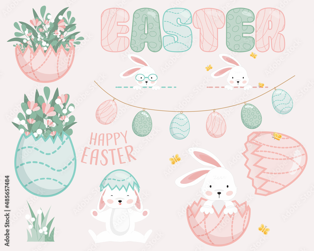 Pastel Easter Collection with cute bunnies, eggshell vases and ...