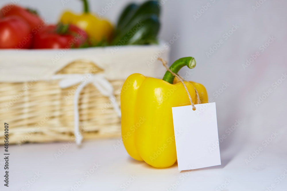 Mock up label on bell pepper. Sticker product for text or price. Basket ...