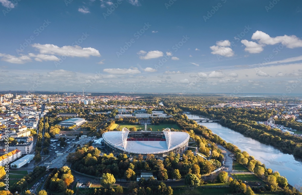Leipzig, Saxony, Germany - October 2021: Aerial sunset view over Red ...