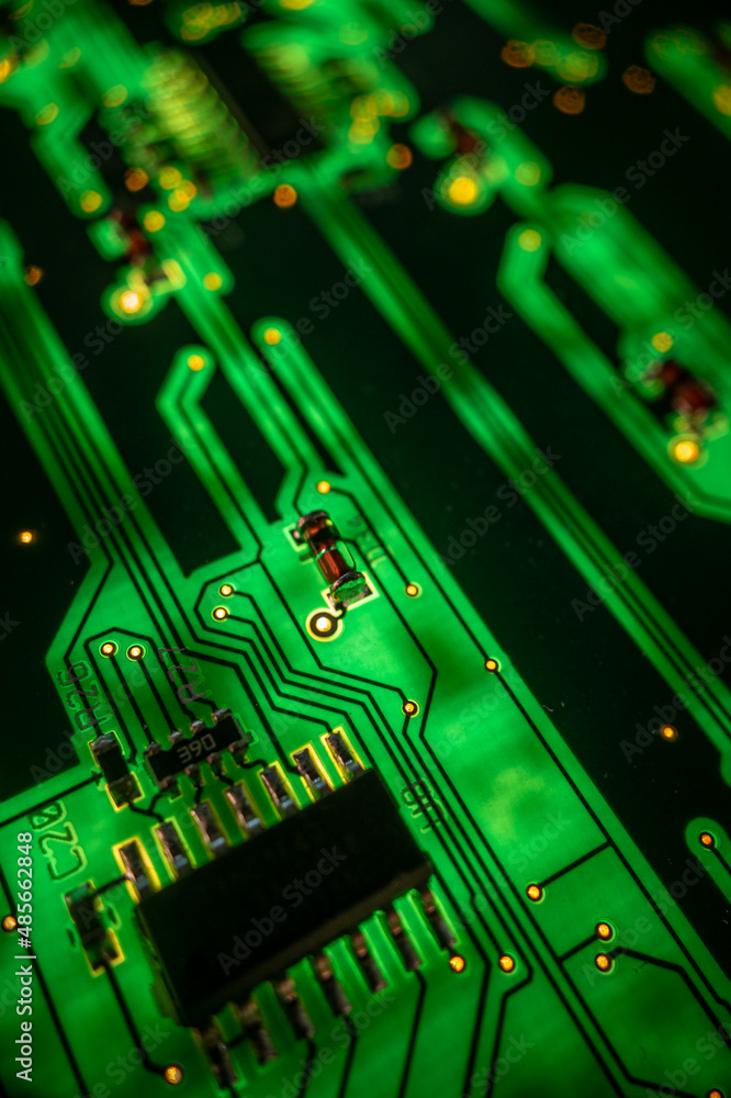 Detail of a transistor array, resistors and capacitors soldered to a ...