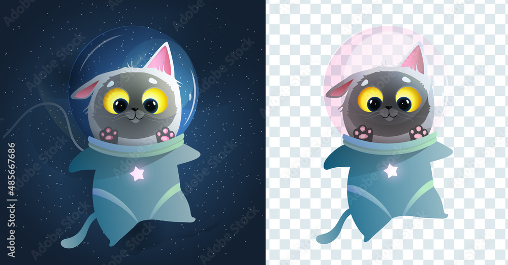 Cosmonaut cat in outer space cartoon character for kids. Cute Kitten in ...