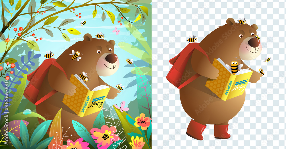 Bear read or study book in the forest with bees friends, illustration ...