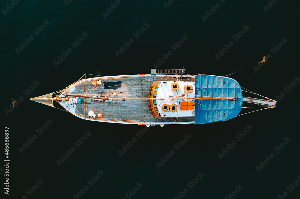 Aerial top down view of old sailing ship in Mediterranean Sea, Valletta ...