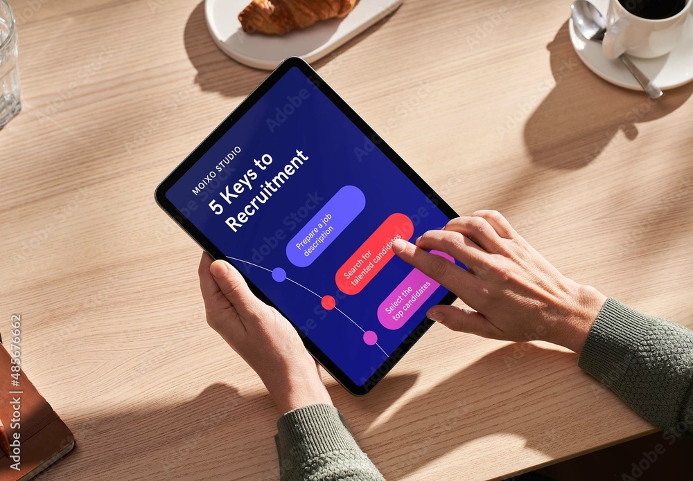Using Smart Tablet on Wooden Table with Sun Light Mockup Stock Template ...