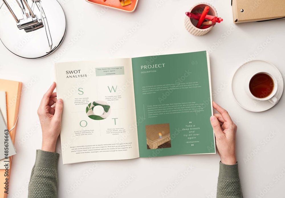 Overhead of Hand Reading A4 Magazine Mockup Stock Template | Adobe Stock