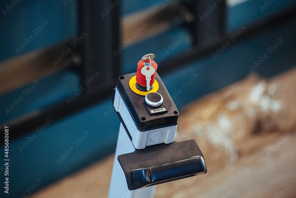 Key switch and start button of industrial machinery, close up Stock ...