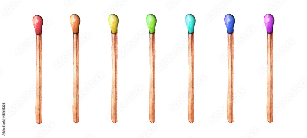 Seven multicolor wooden matches isolated on white background. LGBT ...